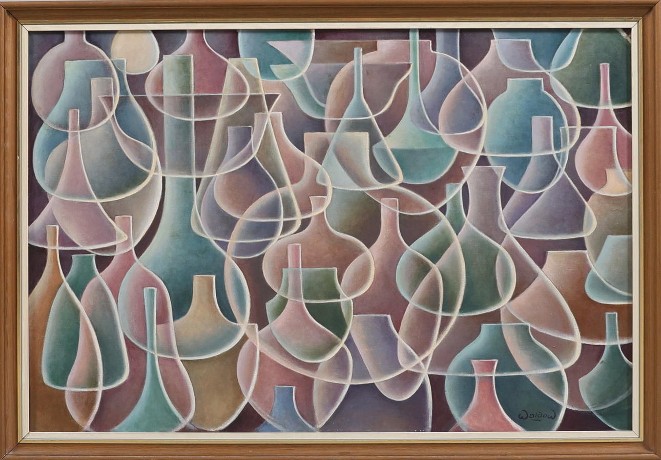 HARRY WALDOW. Composition with bottle shapes, oil on canvas, signed ...