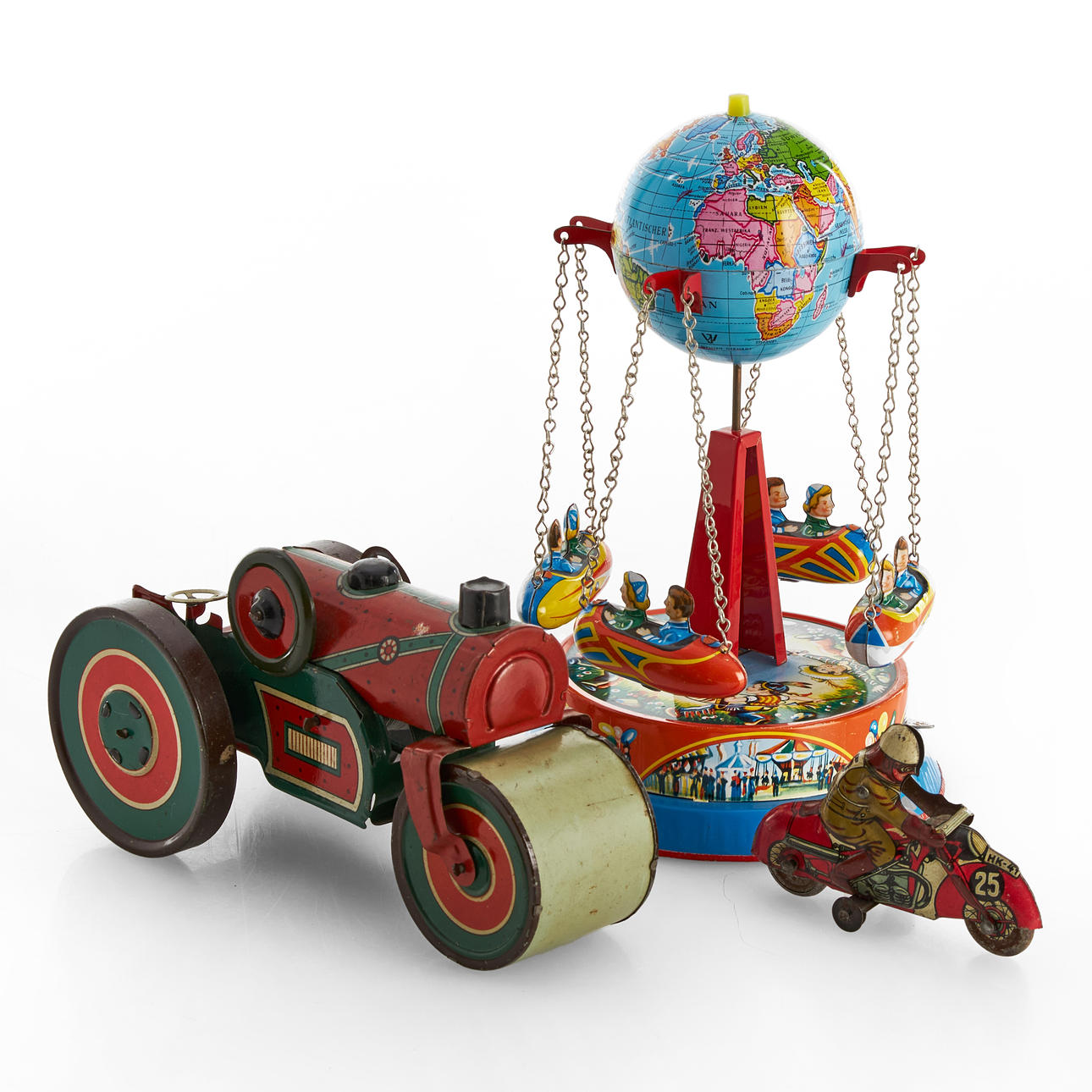 METAL TOYS, Germany, 1930s-60s. Motorcycle (Huki), Steamroller (Orobr ...