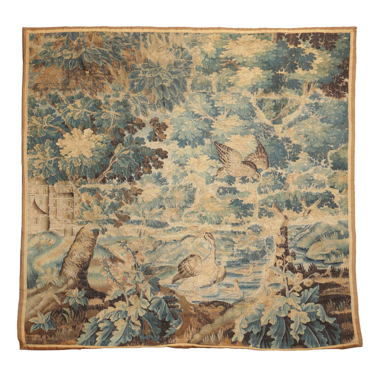 A 17TH CENTURY VERDURE TAPESTRY DEPICTING SWAN & A HAWK IN FRONT OF A ...