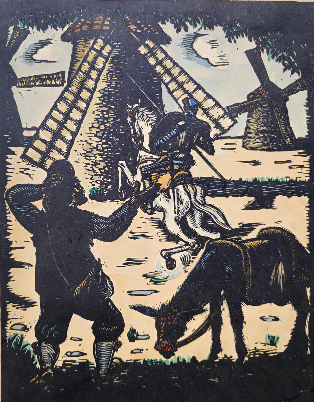 JUAN MARTI CASTELLS. LITHOGRAPHY. DON QUIXOTE AND THE WINDMILLS. SIGNED ...
