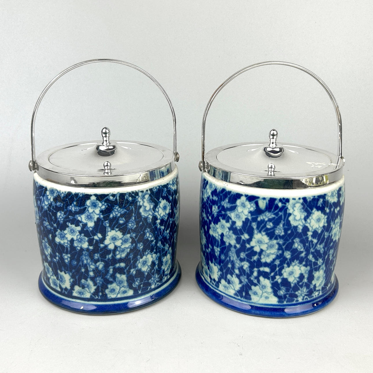 BLUE & WHITE PORCELAIN AND SILVER PLATE BISCUIT BARRELS. Asiatica ...
