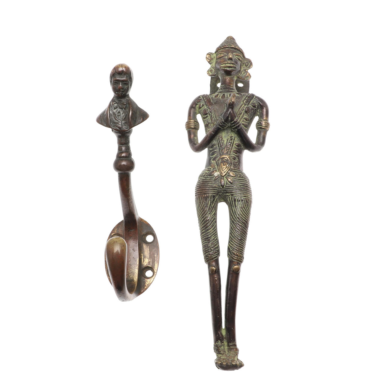 INDIAN 19TH CENTURY DHOKRA BRONZE FIGURE AND A ROBERT BURNS COAT HOOK ...