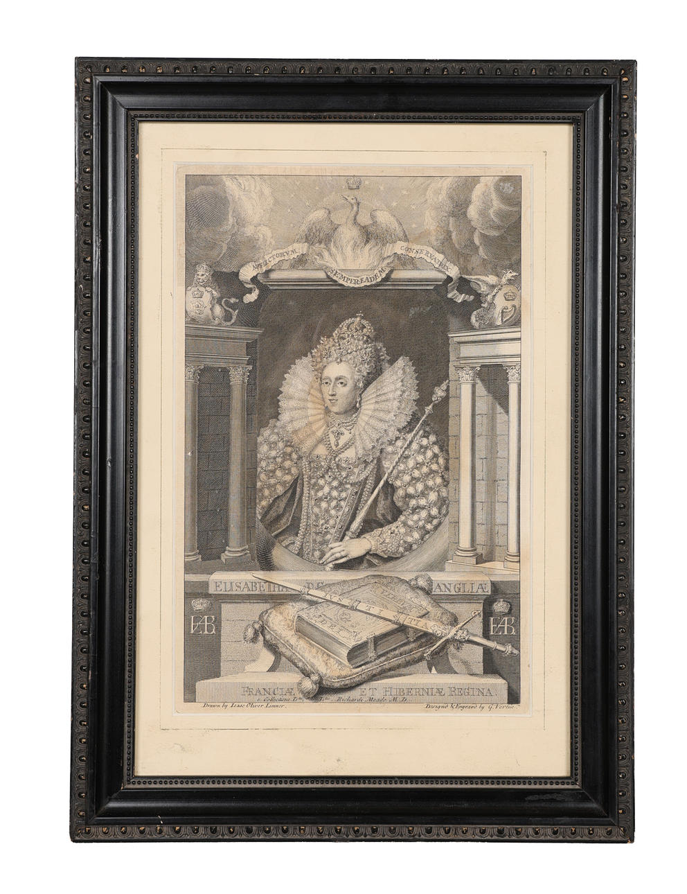 GEORGE VERTUE, AN 18TH CENTURY BLACK AND WHITE ENGRAVING OF ELIZABETH I ...
