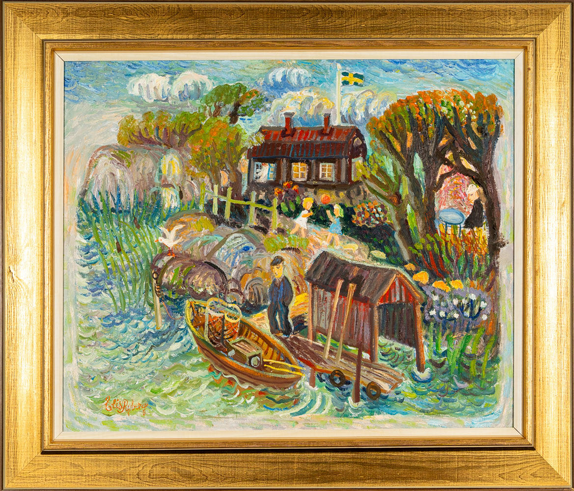 ELIS RYBERG. Olja på pannå "Gård, Bergshamra, Roslagen, Signerad 1900 ...