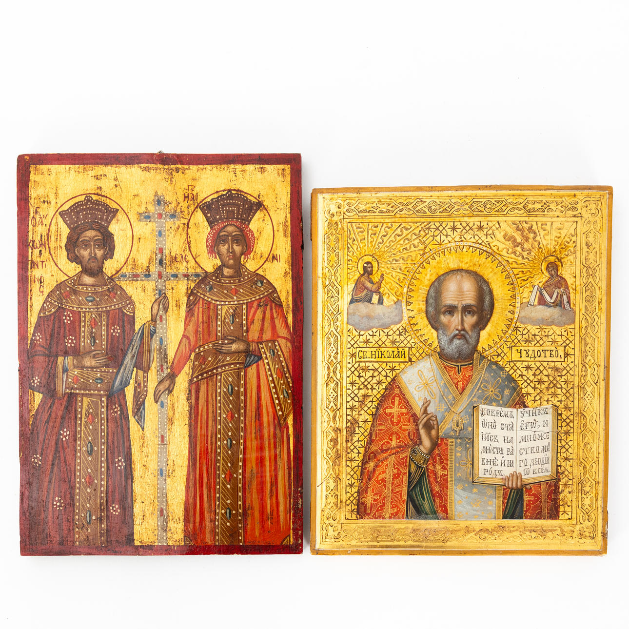 Two icons Saint Nicholas and Saints Constantine and Helen, Russia and ...