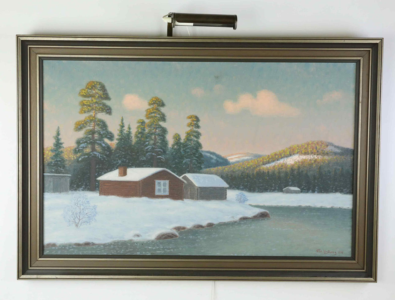 OTTO LINDBERG (1880-1955). oil on canvas, cottages in winter landscape ...