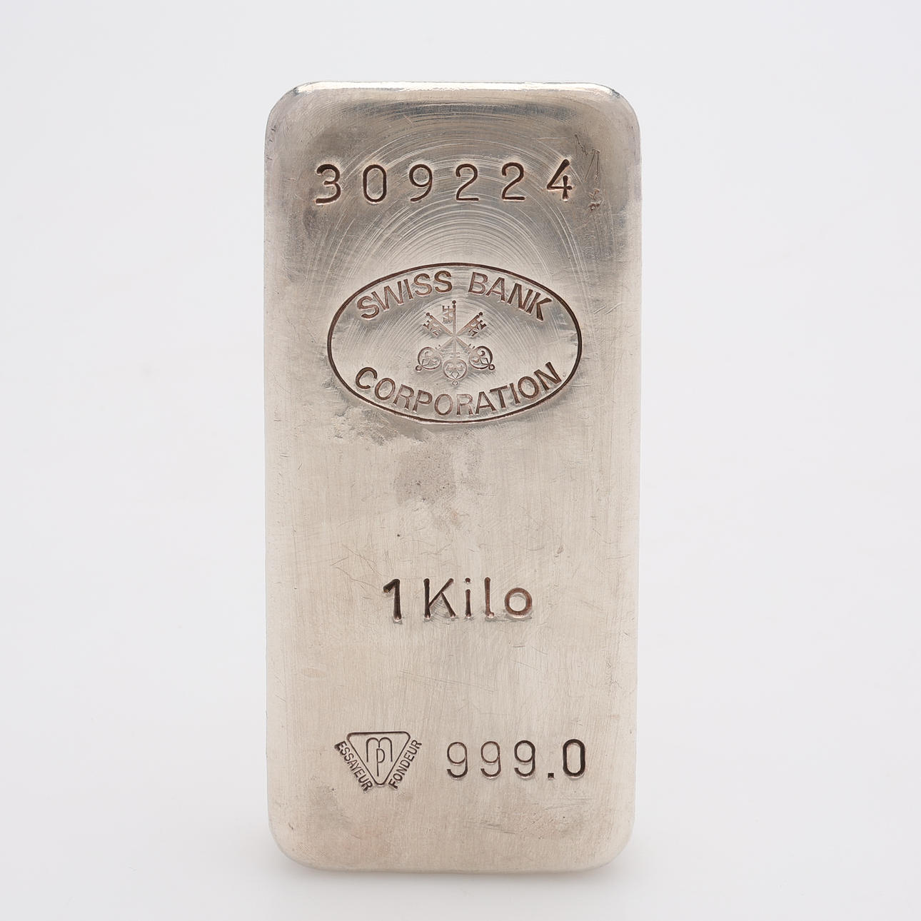 SILVER BAR, FINE SILVER, 999/1000, 1002 GRAMS, SWISS BANK CORPORATION ...