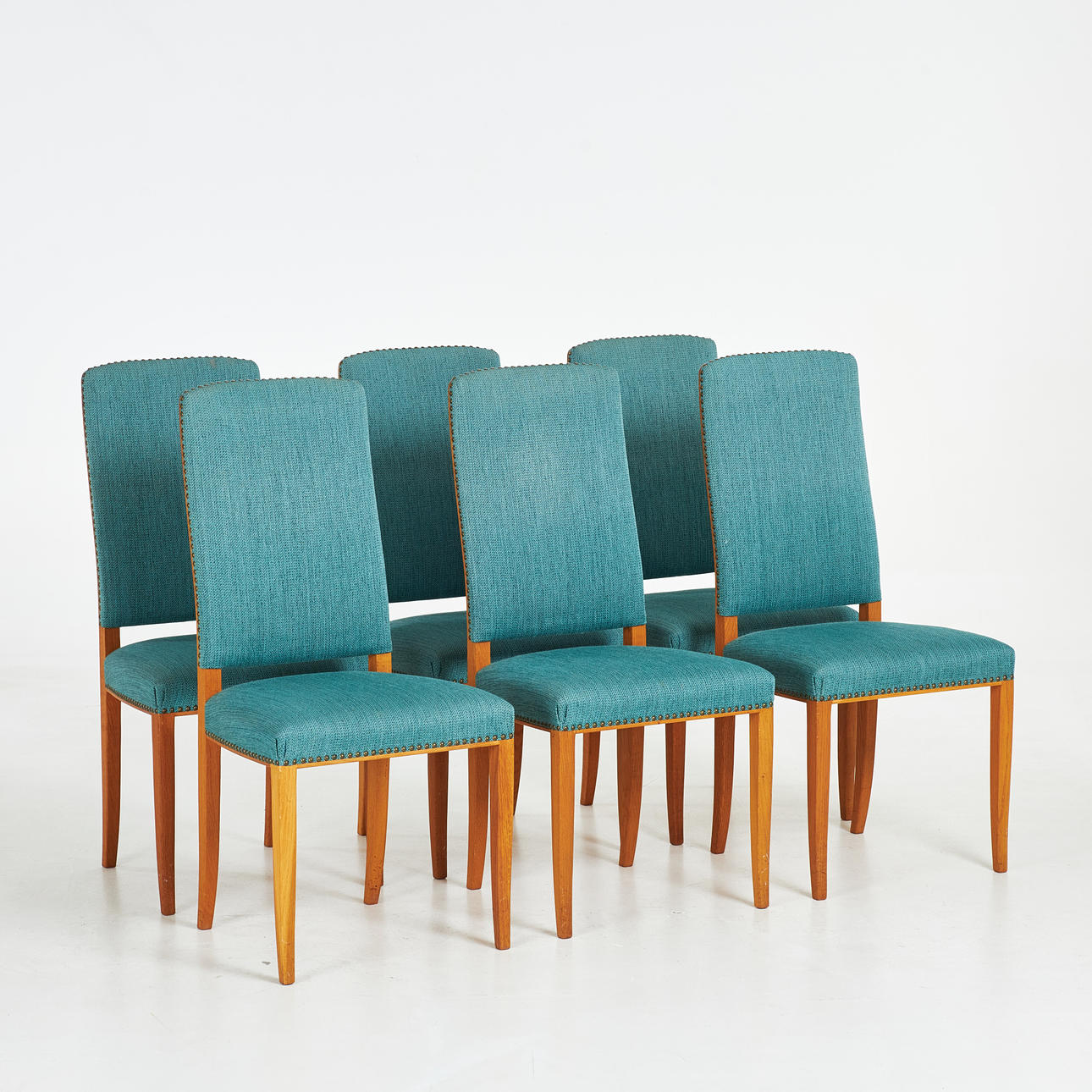 CARL MALMSTEN. TUOLEJA, 6 kpl, ”Gustavius”, runko tammiviilu, ommeltu ...