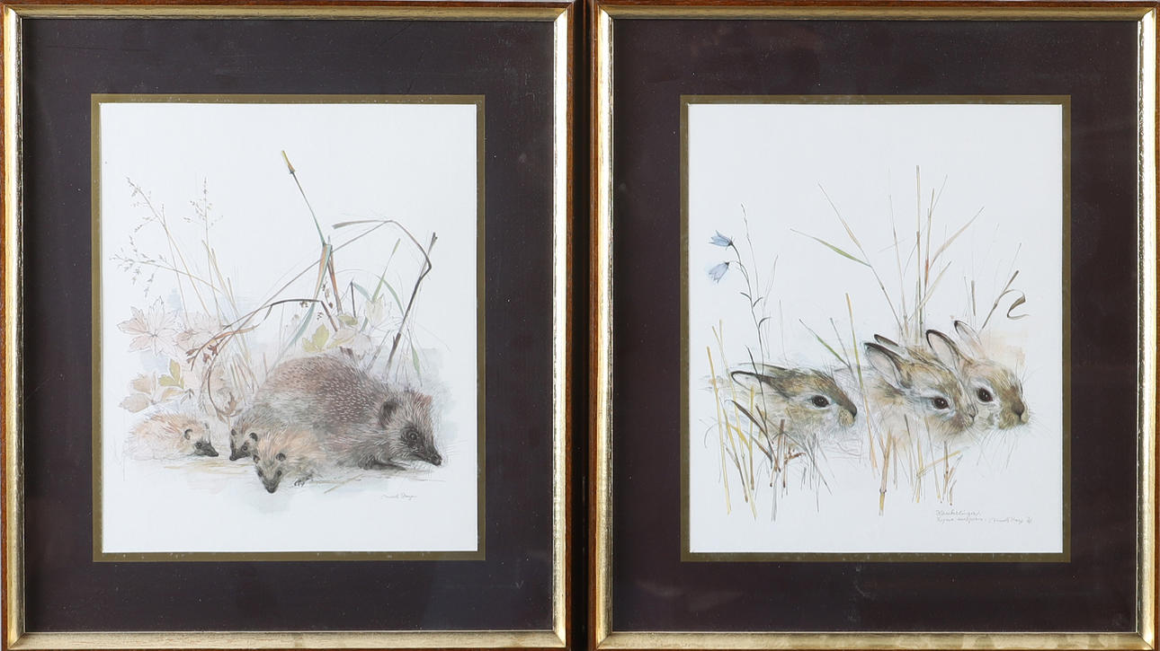 MADS STAGE. Hedgehogs and hares, 2 signed prints. Art - Engravings ...