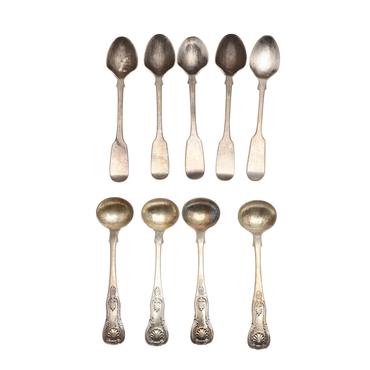 FIVE SILVER TEASPOONS AND FOUR SCOTTISH SILVER SALT SPOONS. Silver ...