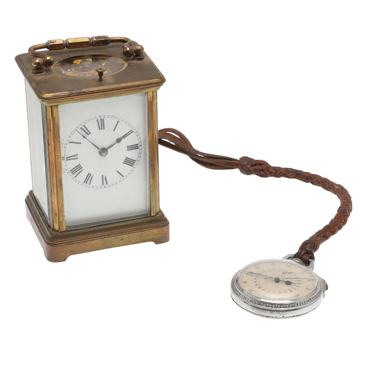 A BRASS CARRIAGE CLOCK AND A WHITE METAL STOP WATCH. Clocks & Watches ...