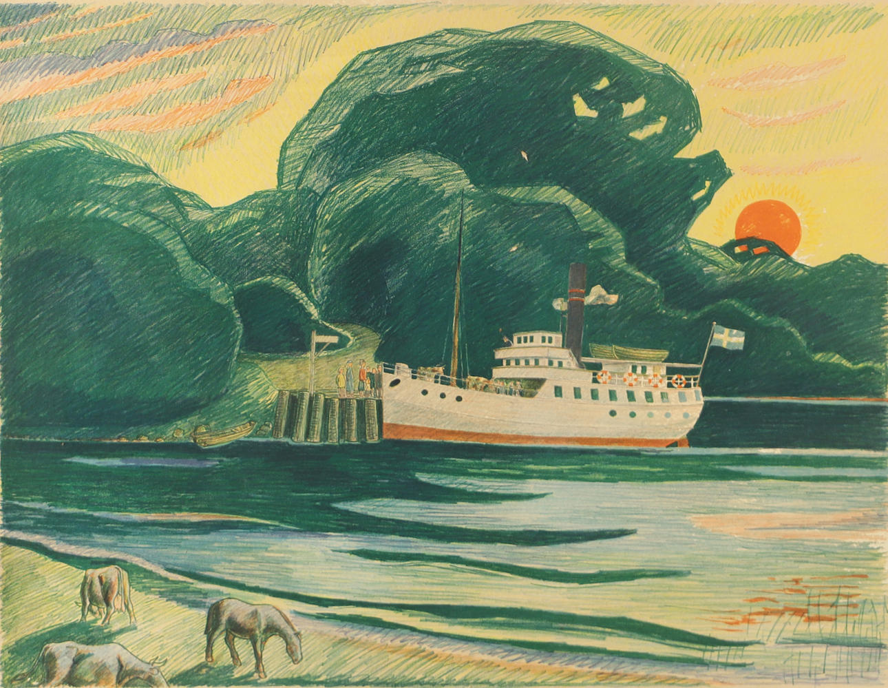 OIDENTIFIERAD KONSTNÄR. Boat at pier, graphic sheet, indistinctly ...