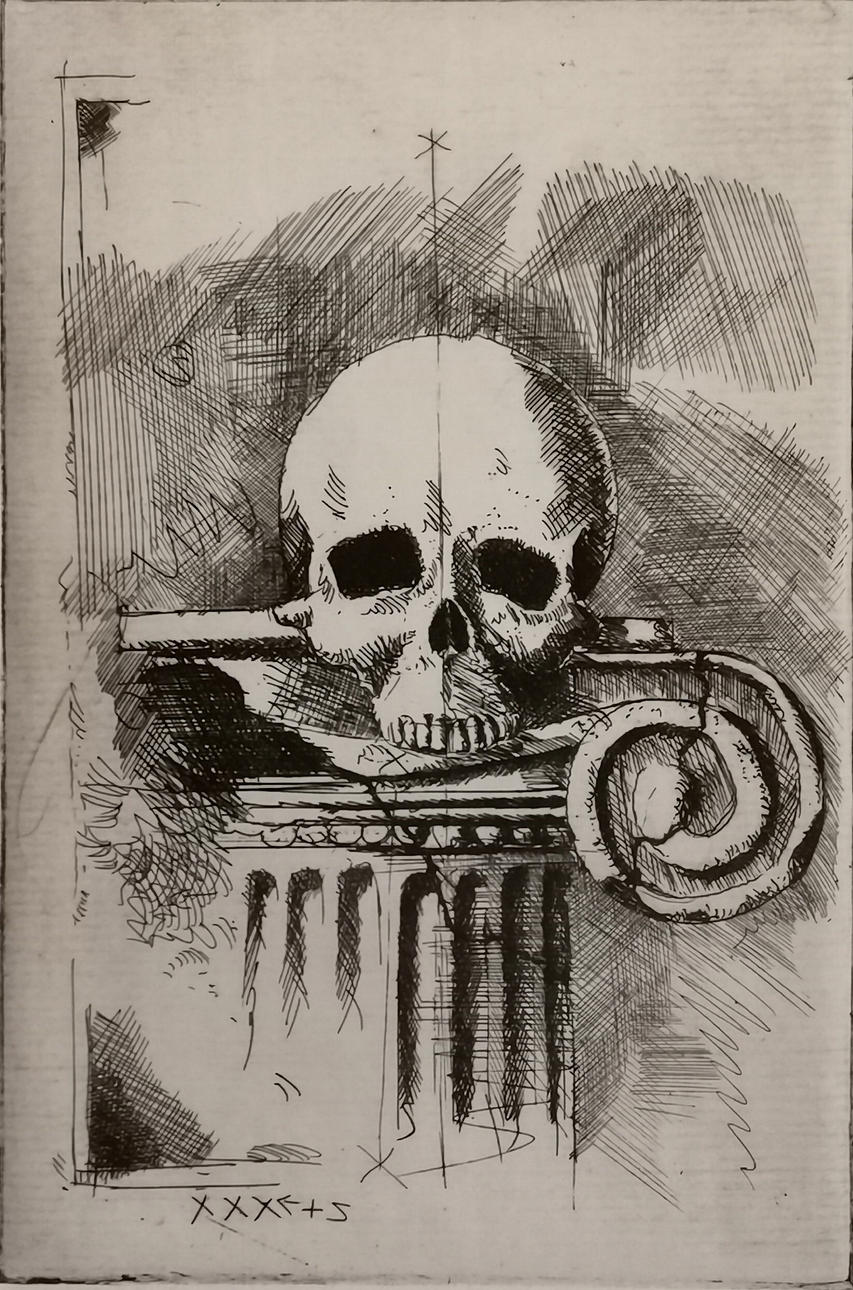 PATRICK CUENOT ENGRAVING OF PILLAR WITH SKULL. Art - Engravings ...