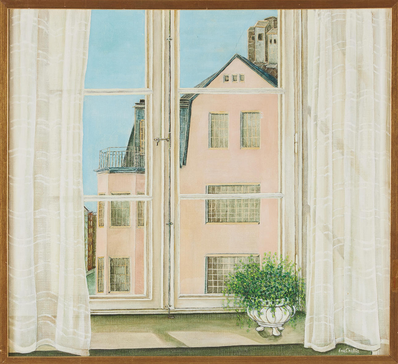 EVA CHALLIS. “View of the pink house” oil painting on canvas, signed ...