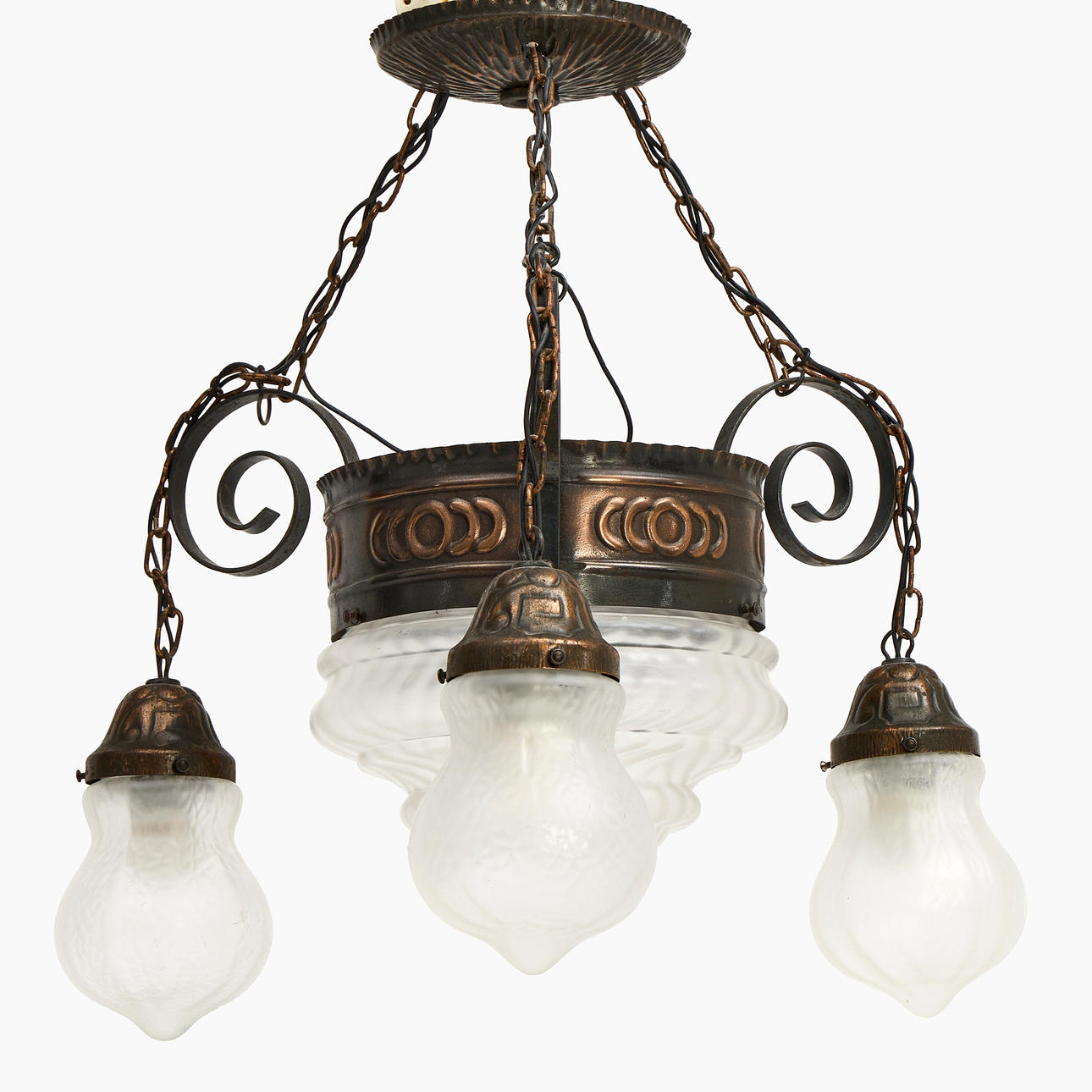 CEILING LAMP, Art Nouveau, copper, glass cups in frosted glass, 4 light ...
