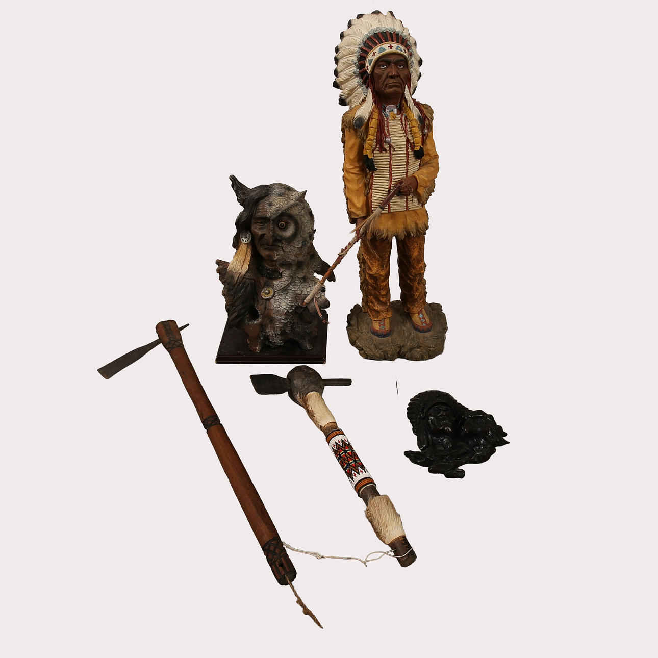 INDIAN SCULPTURES & AXES, composite, wood and metal. Weapons ...