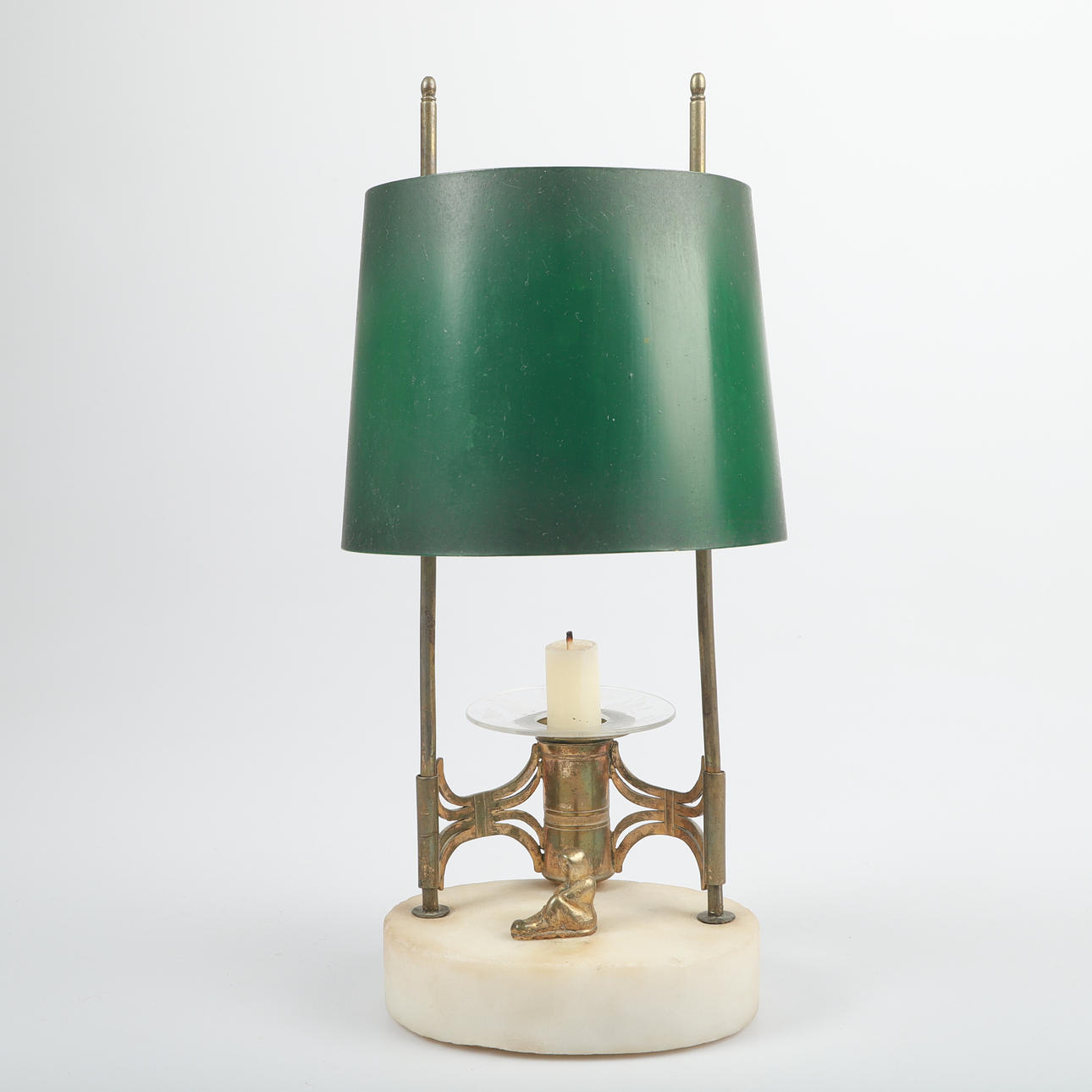 A brass reading candle holder with a stone base, first half of the 20th ...
