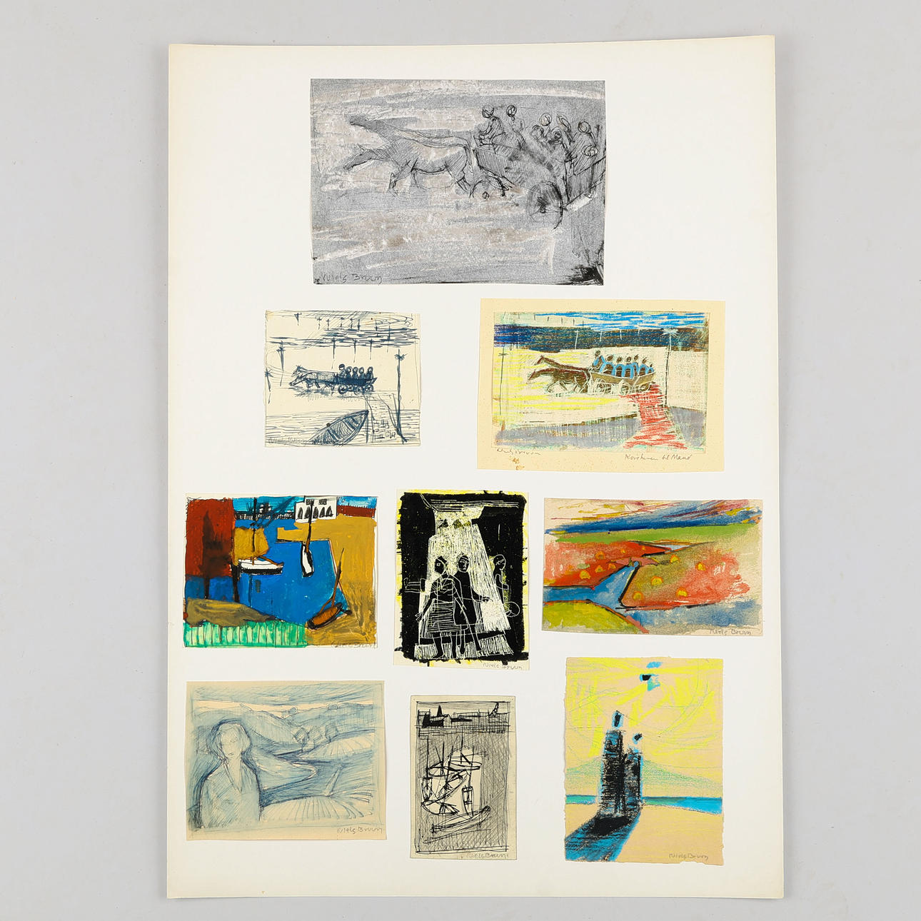 NIELS MANDRUP BRUUN (1918-93). 9 forskellige mindre skitsebogsblade ...
