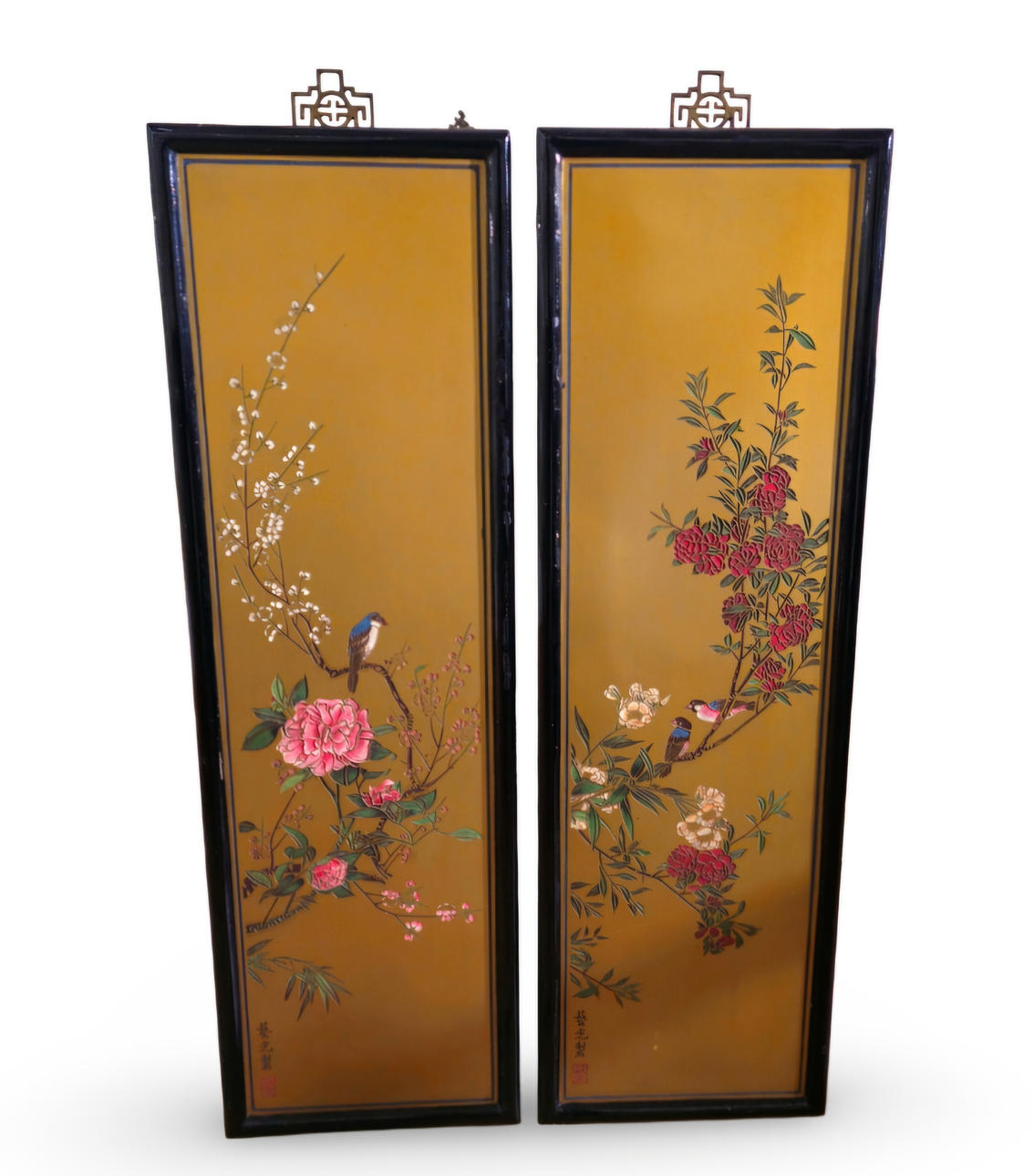 Pair of oriental gilt wall plaques with subtle reliefs featuring floral ...