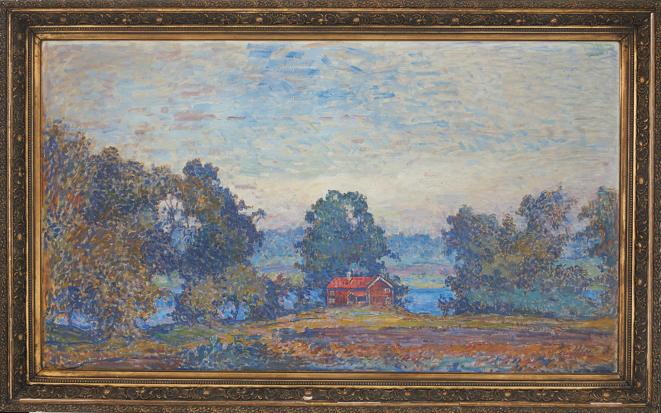 AXEL PETER. Landscape with cottage, oil on canvas, signed. Art ...