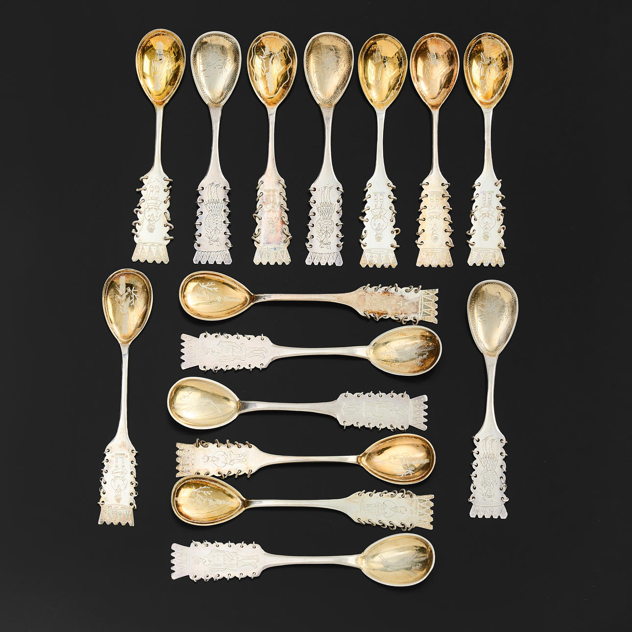A set of 15 silver spoons, gilt silver, Sami style, Fritz Olsson, 1940s ...