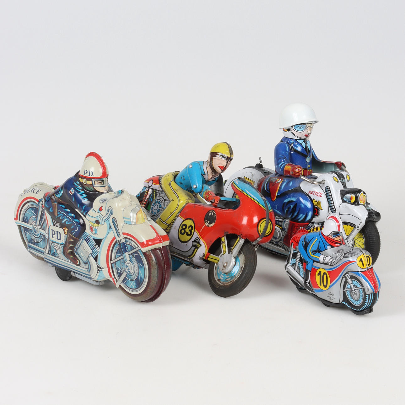MOTORCYKLAR, 4 st, litograferad plåt, Japan, 1900-talets senare del ...
