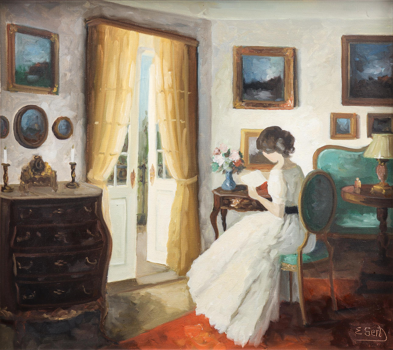 EDITH GERT. Interior with reading woman, oil on canvas, signed. Art ...
