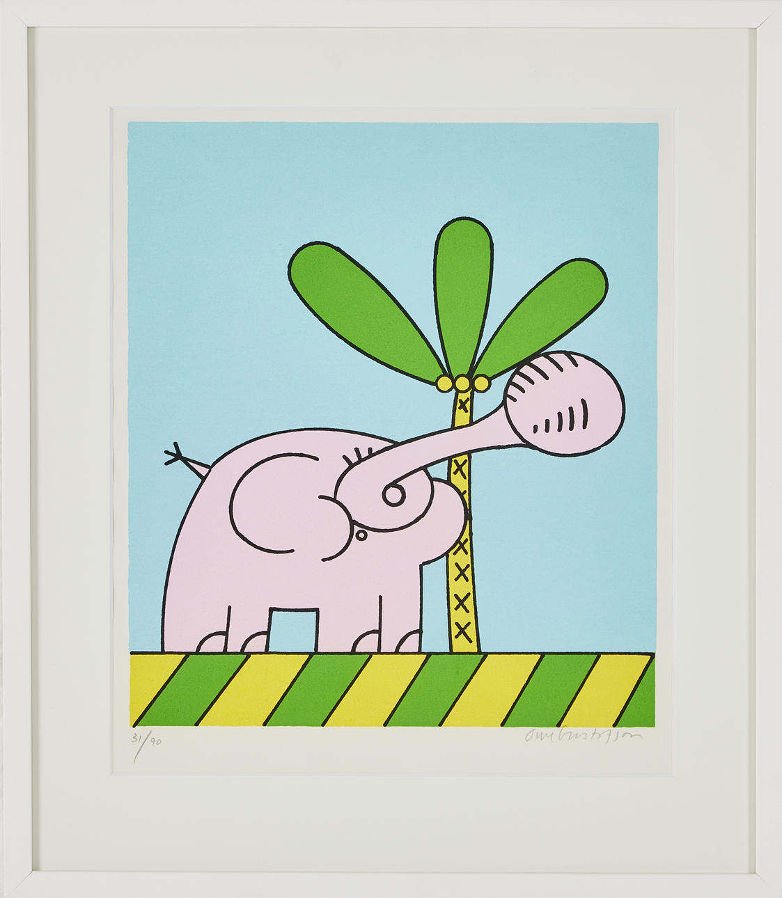 OWE GUSTAFSON (BORN 1940). Trumpeting elephant, cartoon, signed, 31/90 ...