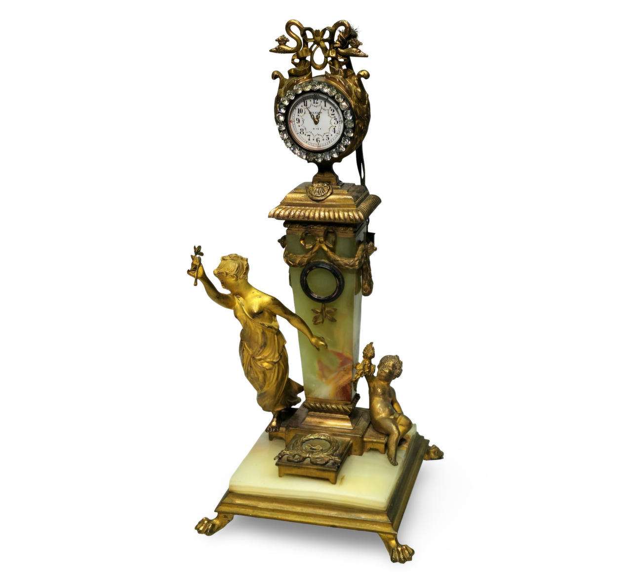 Desktop clock. August Klein. Showcase clock with allegorical figure and ...