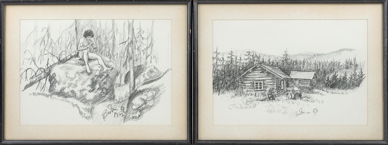 BROR-ERIC BERGQVIST. Näcken, and crofts in landscape, 2 pencil drawings ...