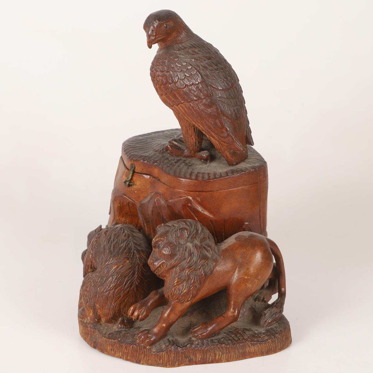 TOBACCO JAR, wood with carved animals, signed J.P Östergren, Westerås ...