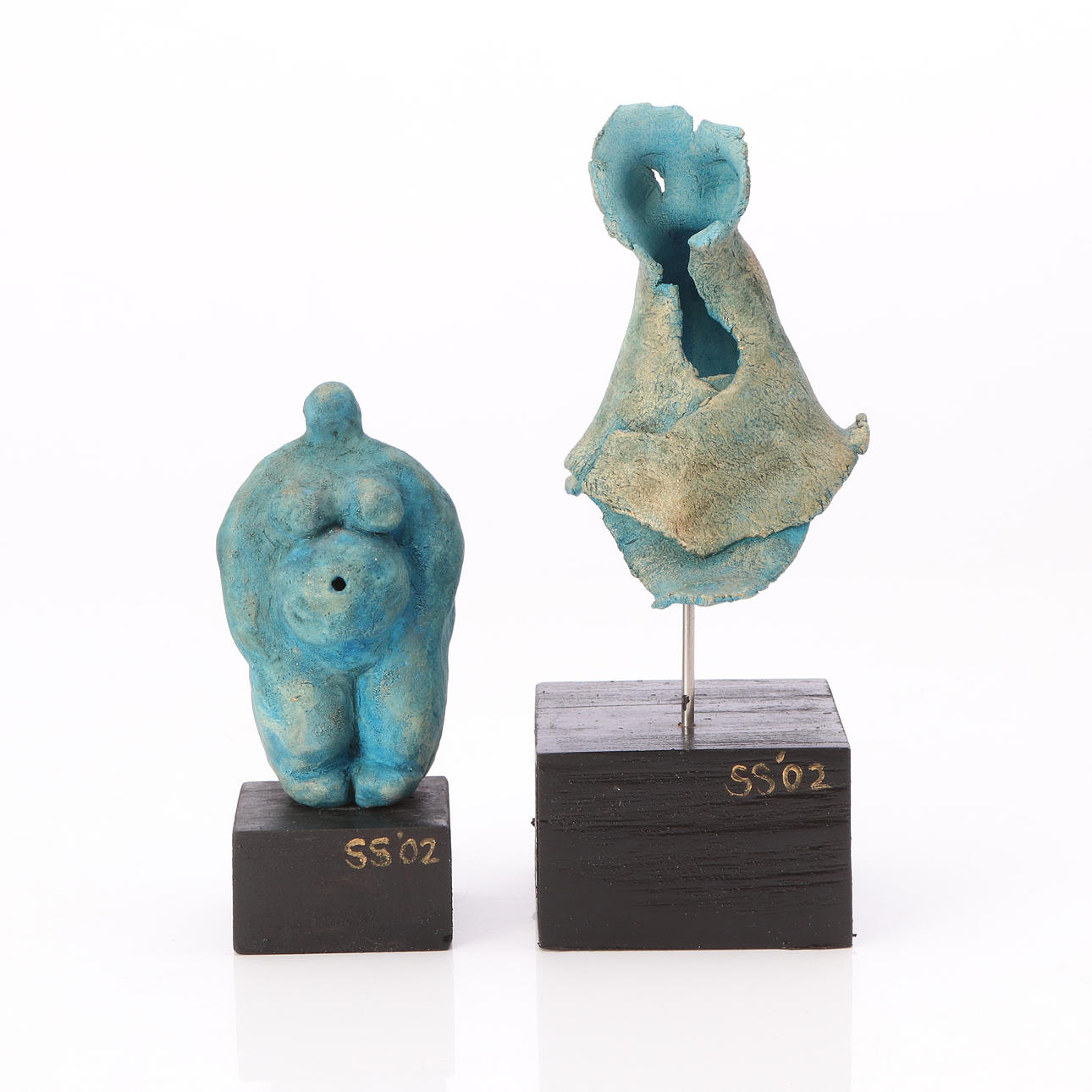 SISSI STAHLI, SCULPTURES, TWO. Ceramics on wooden bases. Signed SS 02 ...