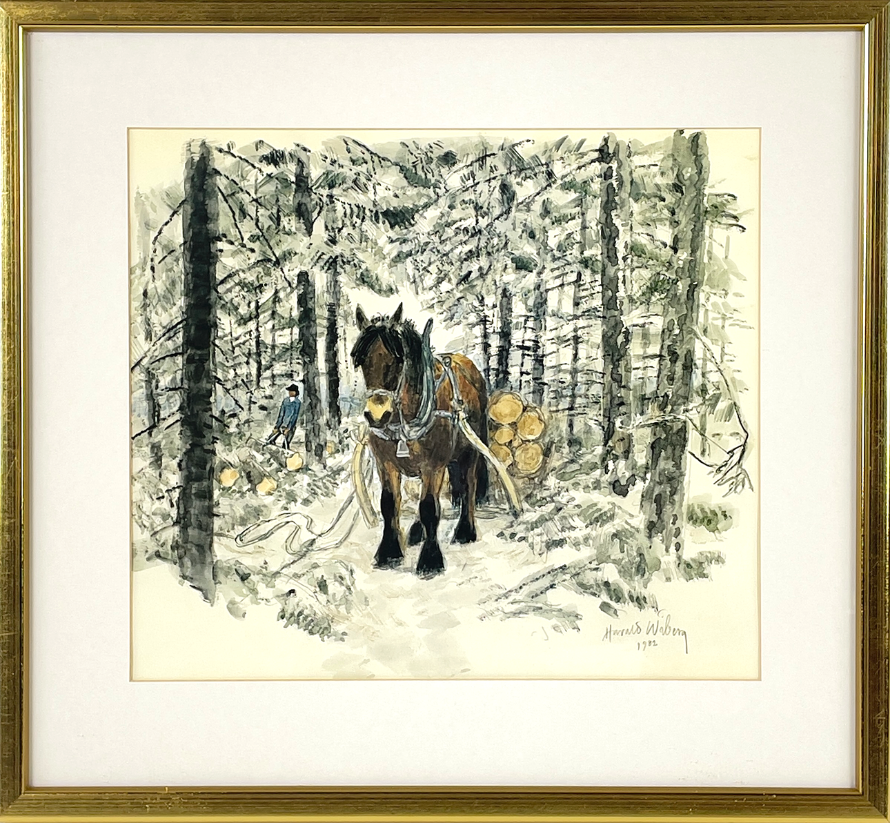 HARALD WIBERG. Offset print, Workhorse in the forest, signed and dated ...