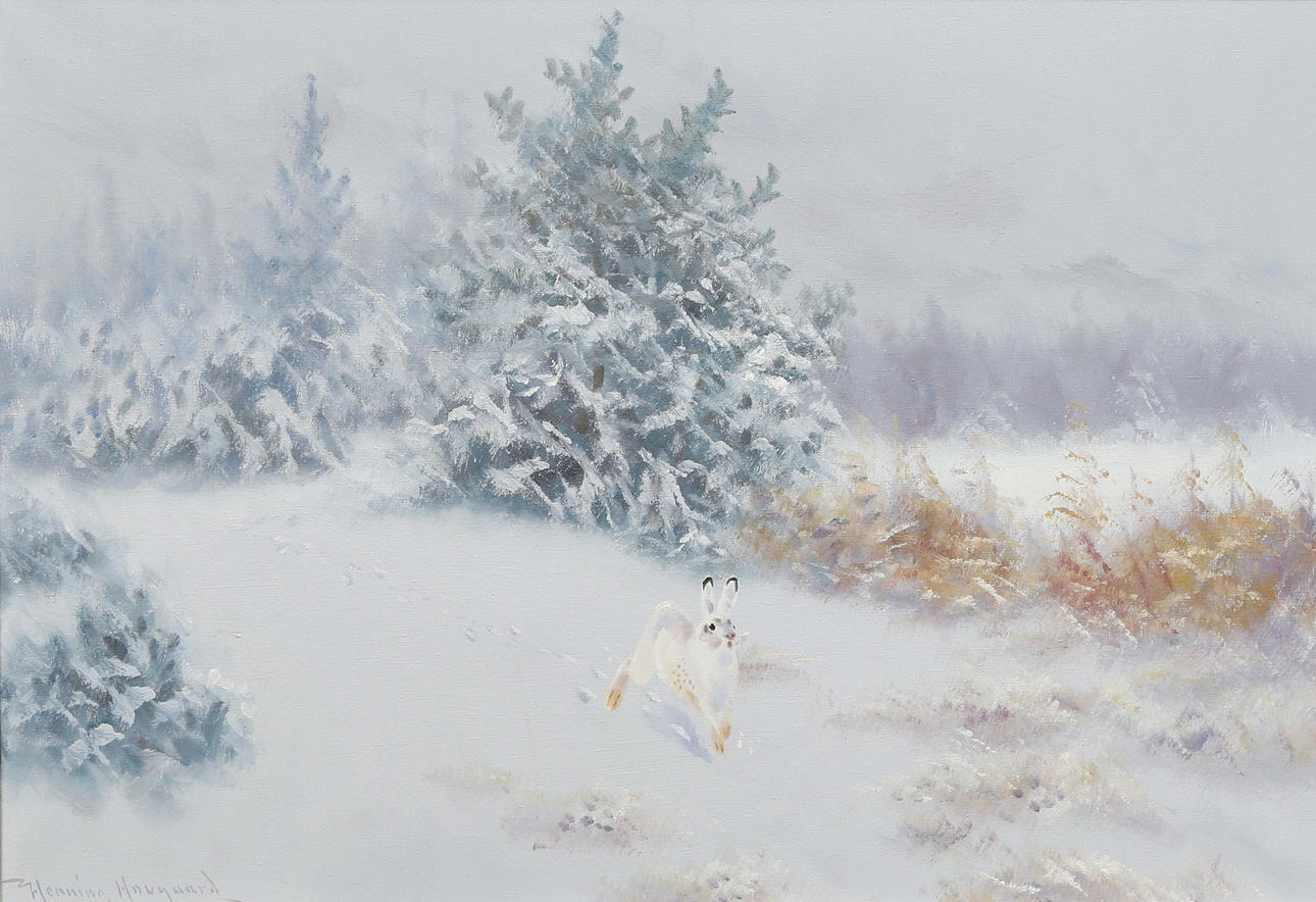 HENNING HOUGAARD. olja på duk, "Hare i vinterlandskap", signerad. Konst ...