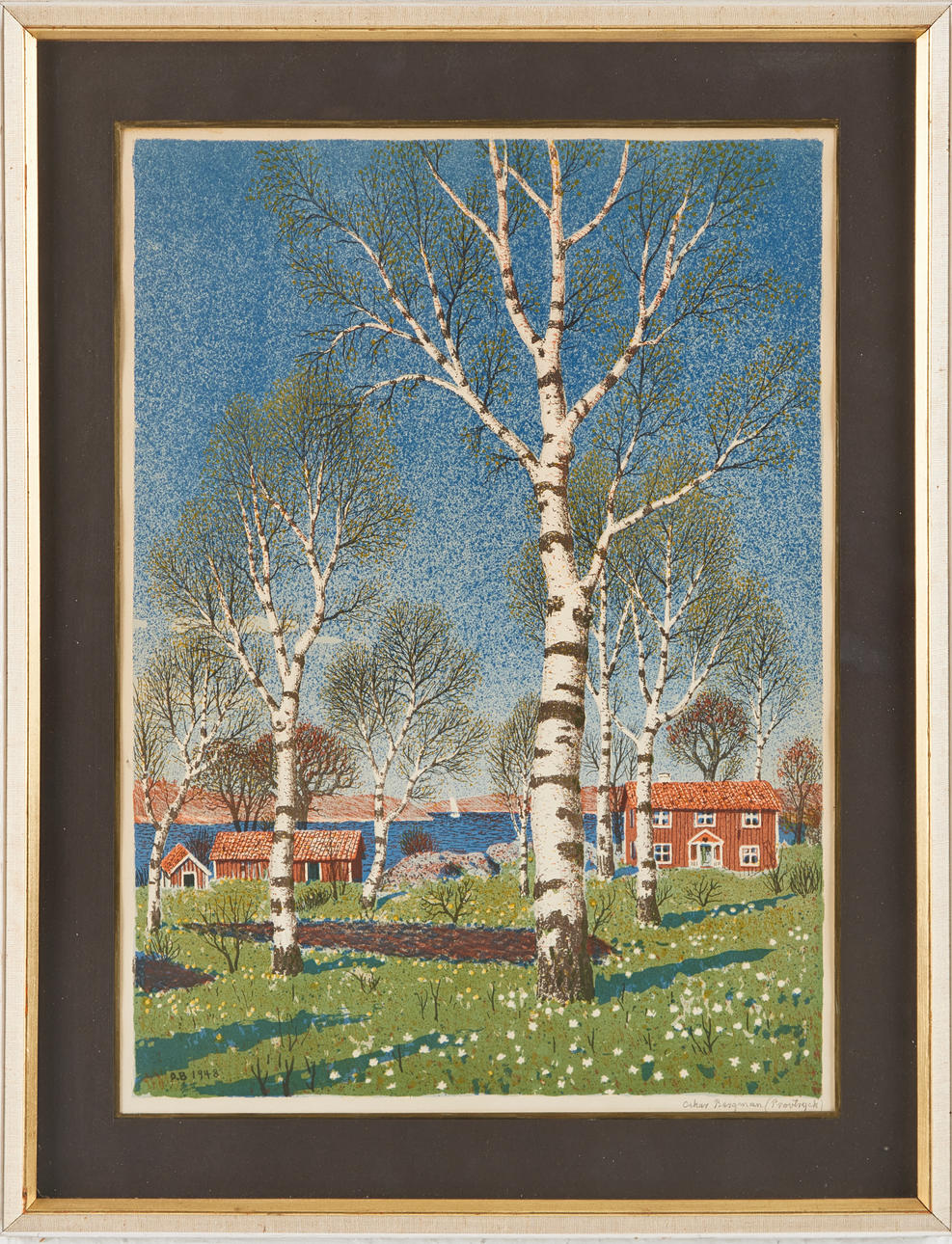 OSKAR BERGMAN. Spring motif with birch trees, colour lithograph, signed ...