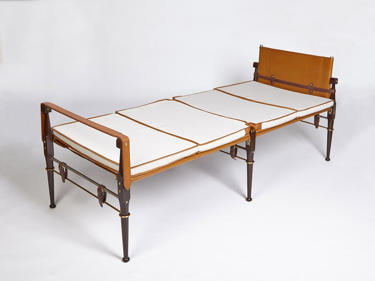 Camp bed, Wooden and metal frame with cow tan and dark brown opus ...
