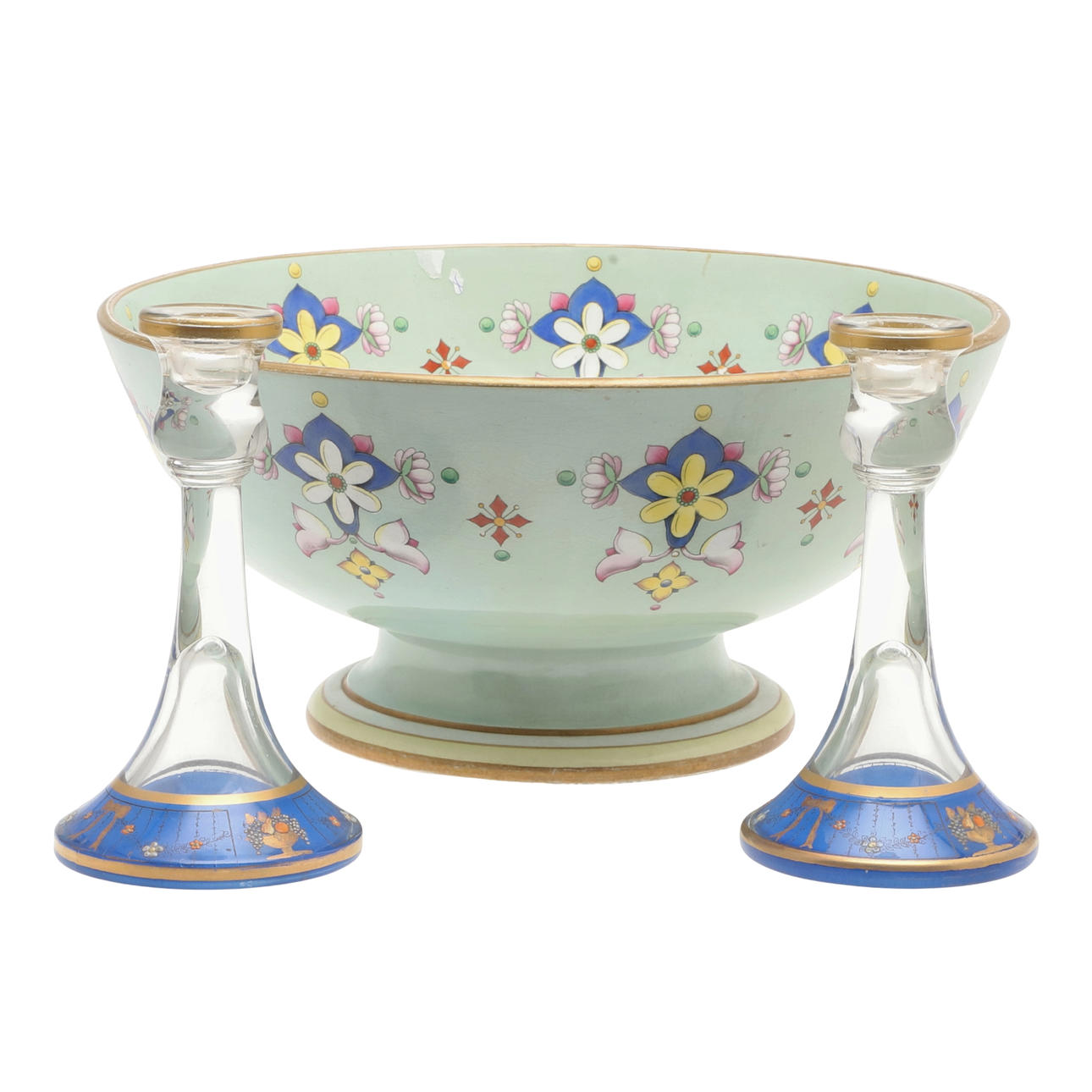 A VICTORIAN HEPATICA PATTERN POTTERY FRUIT BOWL AND A PAIR OF GLASS ...