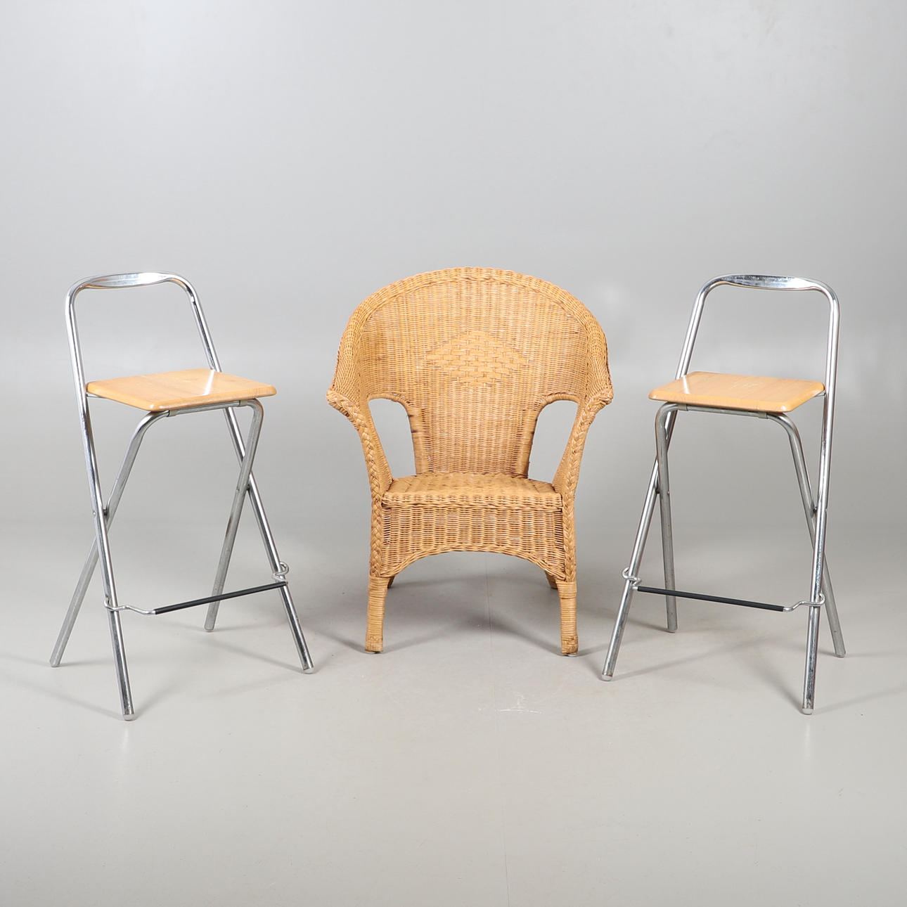 PAIR OF KITCHEN STOOLS AND A WICKER CHAIR. Furniture - Armchairs ...