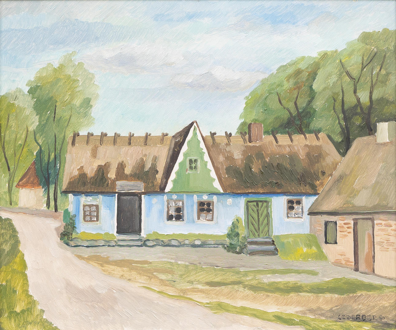 ERIK CEDERBERG. Det blå kalkade huset, Kastkösa 1940, olja på pannå ...