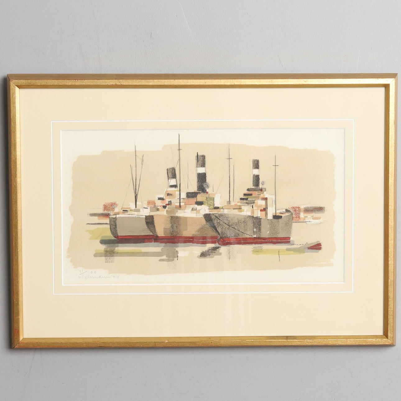 HARRY WICHMANN. Colour lithograph, "Båtar i hamn", signed and dated -64 ...
