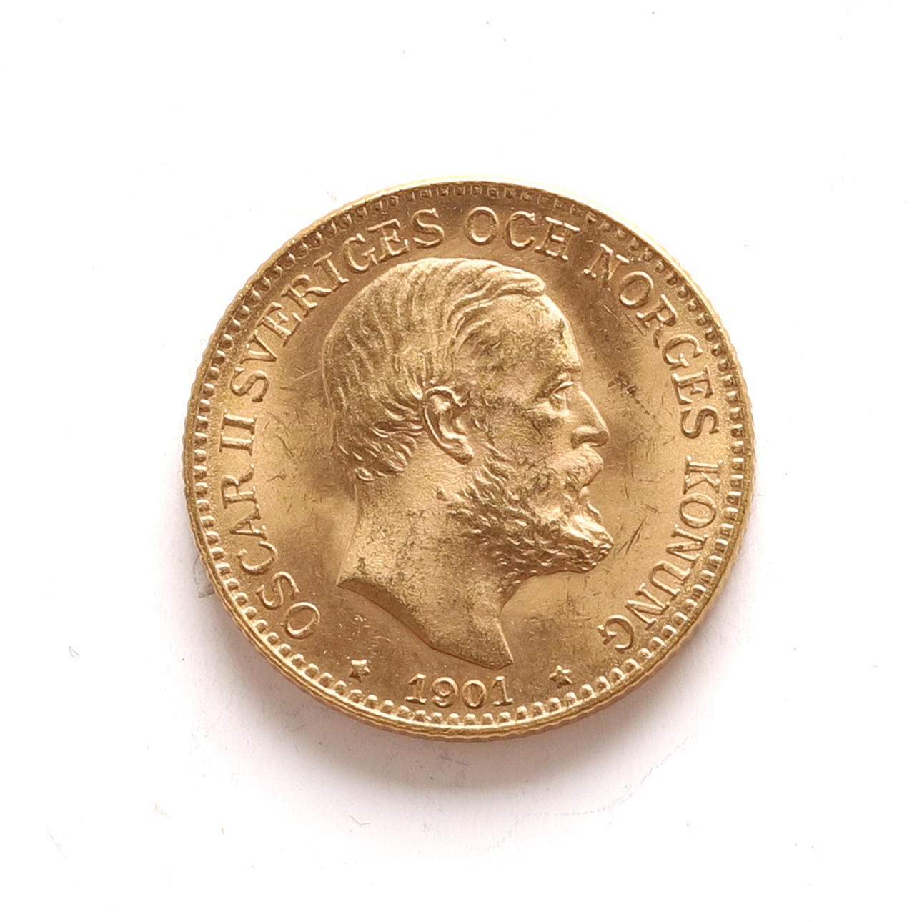 GOLD COIN, 10 kronor, Oscar II Sweden and Norway 1901. 21.6K gold ...