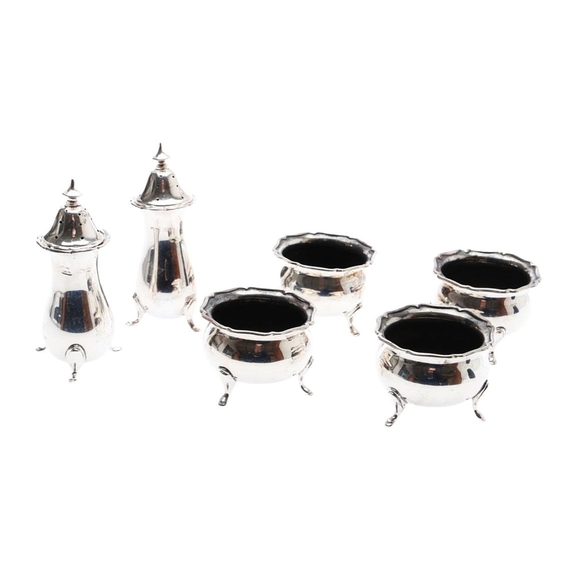 SET OF 4 GEORGE V SILVER SALT CELLARS AND 2 PEPPERETTES. (6). Silver ...