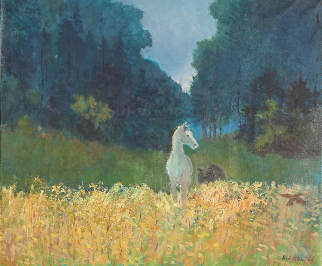 UBEKENDT KUNSTNER. Flower meadow with horses, oil on canvas, 1965. Art ...