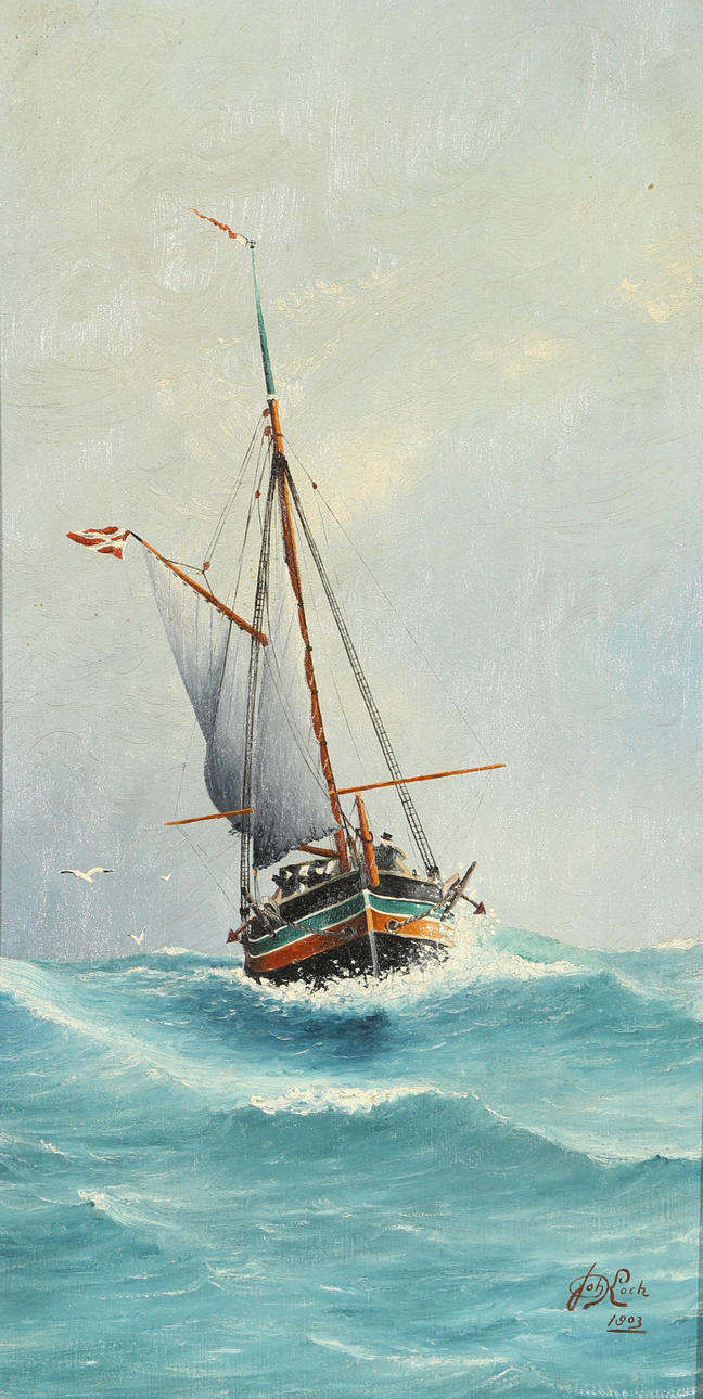 UBEKENDT KUNSTNER. Marint motiv med segelfartyg, olja på duk, 1903 ...