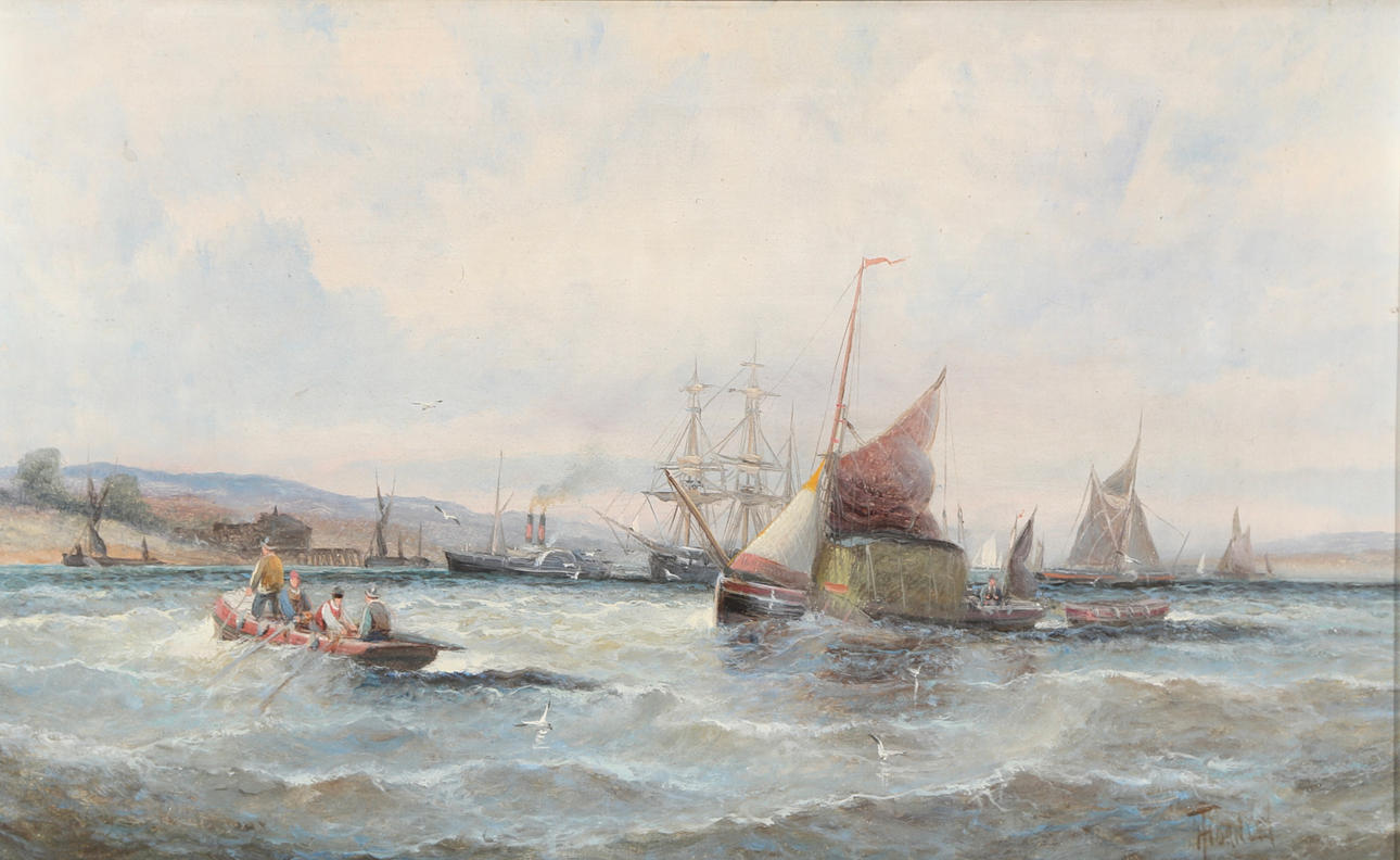 WILLIAM THORNLEY (1857-1935). Marine scene with ships and a rowboat ...