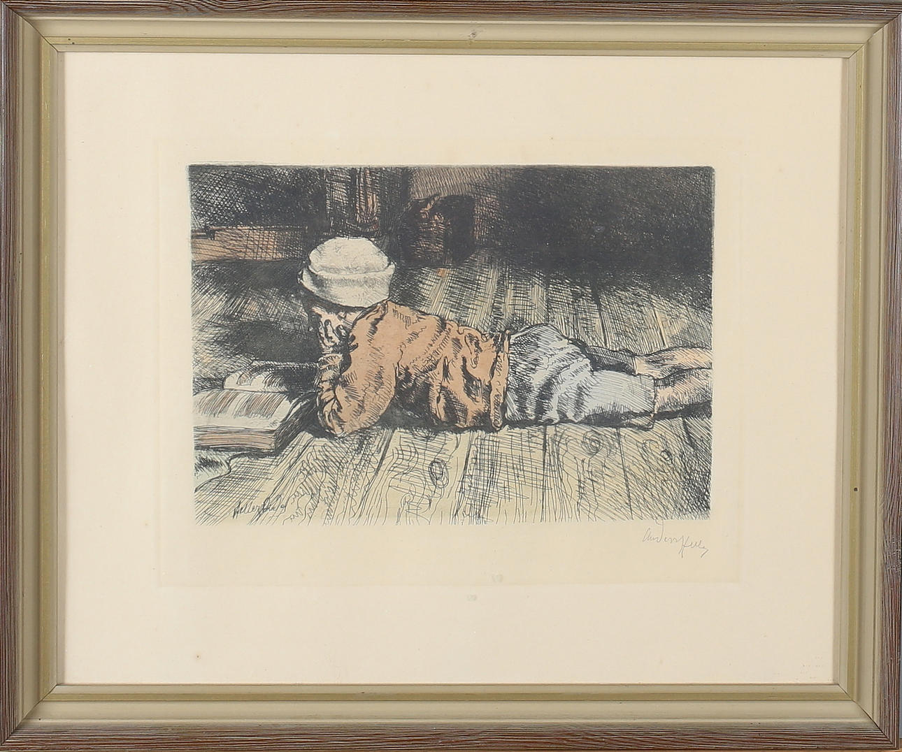 ANDERS HELLER. Reading child, etching, signed. Art - Engravings ...