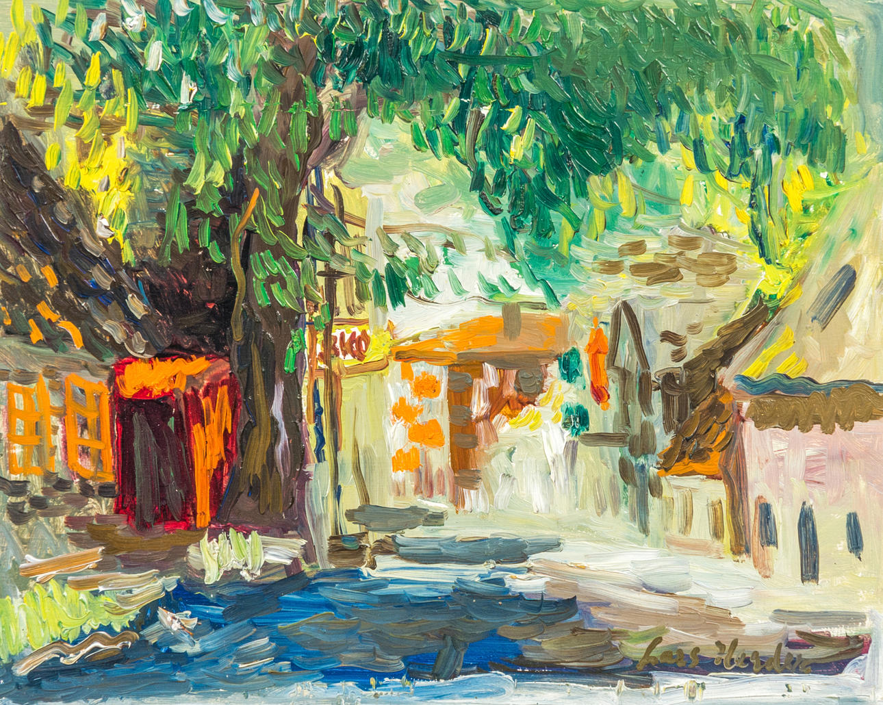 LARS HERDER. Stadsbild Helsingborg, olja på pannå, signerad. Konst - Måleri - Auctionet