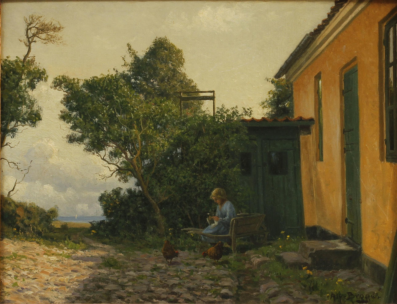 ALFRED BROGE (1870 - 1955) DANMARK. Exterior with little girl and ...