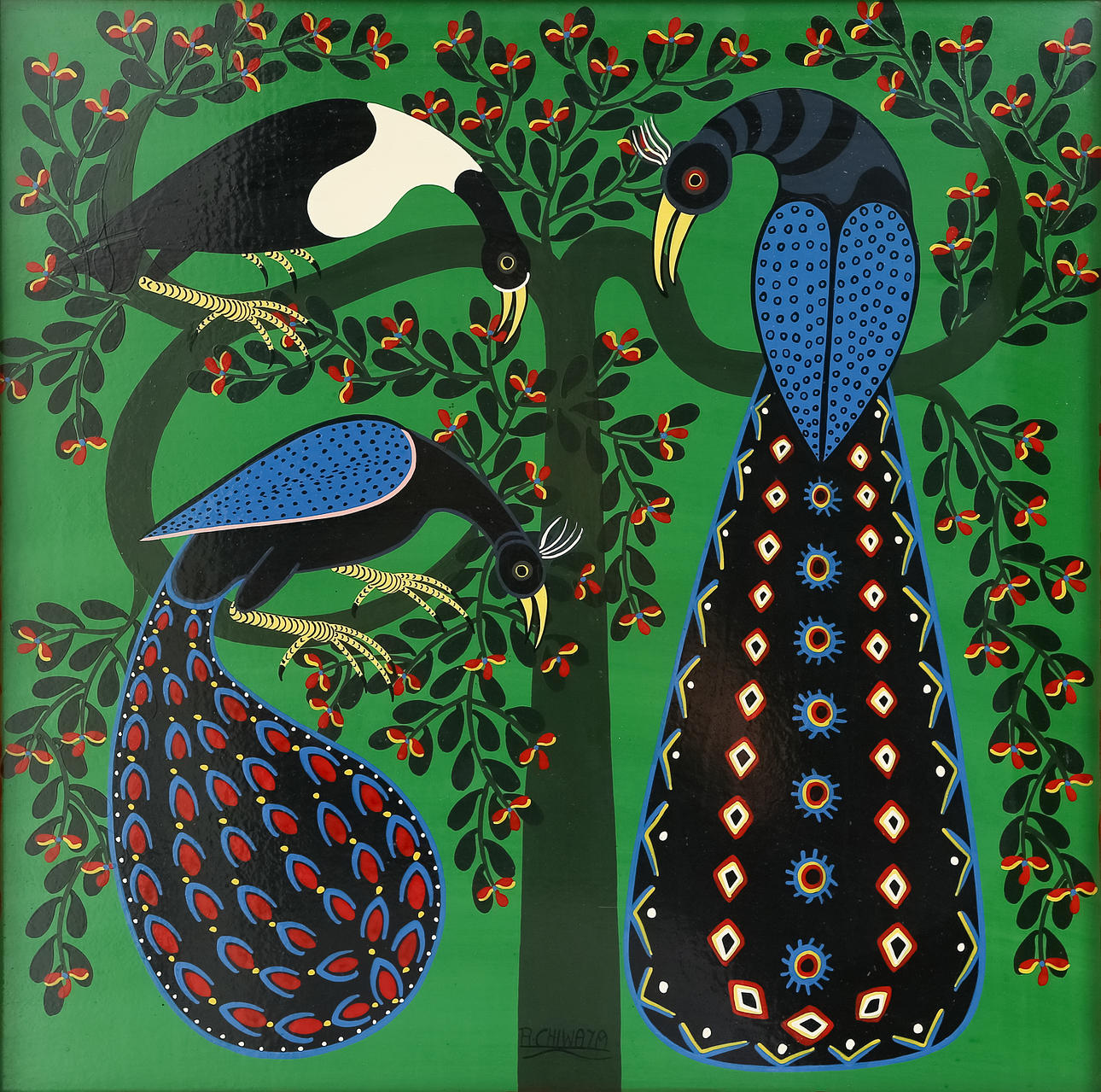 RAJABU CHIWAYA. Peacocks, lacquer color on Board, Tinga Tinga, Tanzania ...
