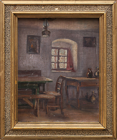 HANS STALZER. Interiör med bord, olja på pannå, signerad. Konst ...